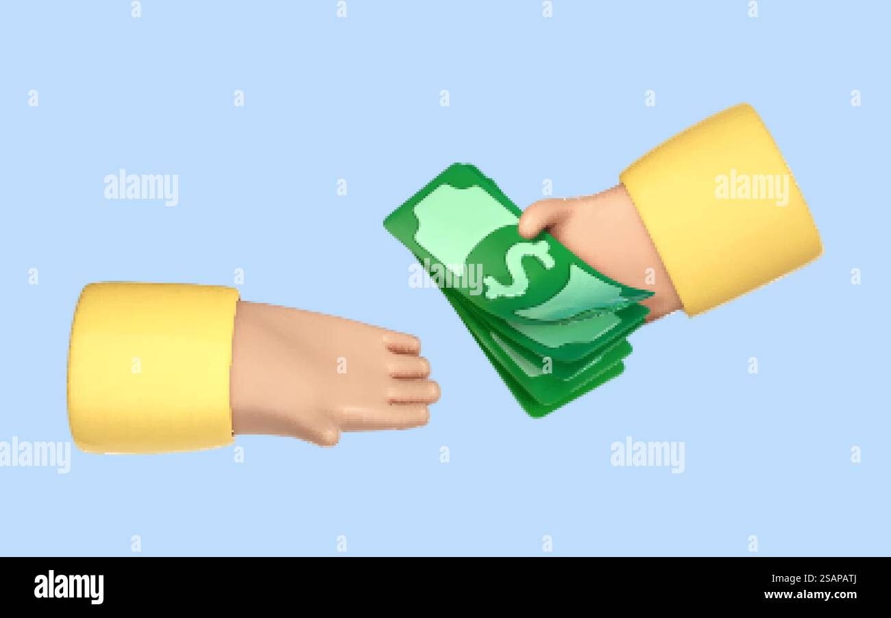 3D cartoon human hand giving money to other hand. Pay for something ...
