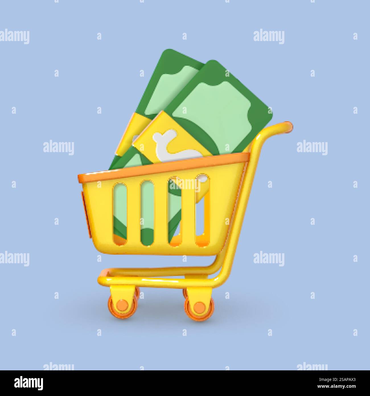 3D cartoon shopping cart with bundles of dollar notes. Vector 3d ...