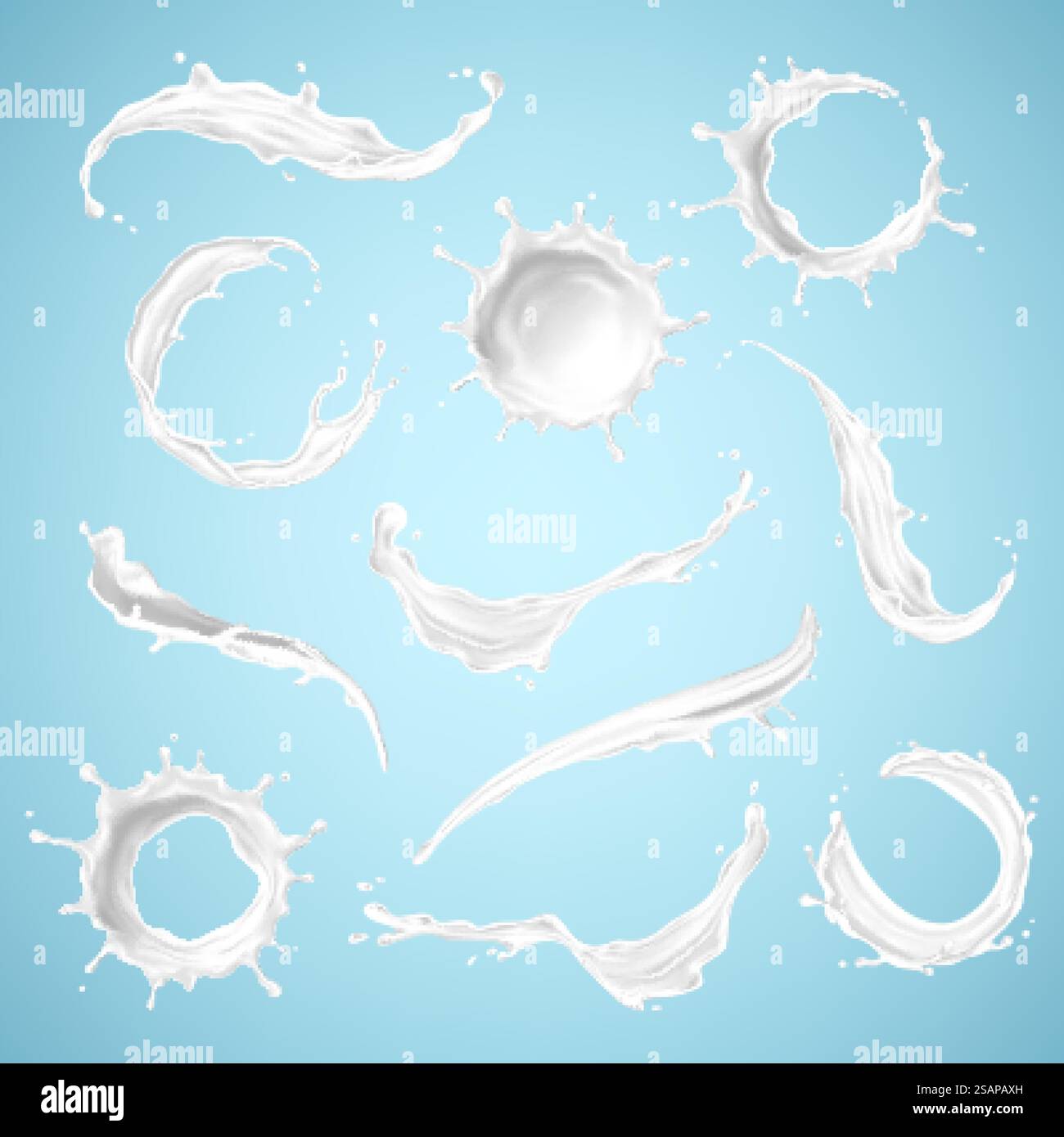 Big set of milk splashes isolated on blue background. Vector ...