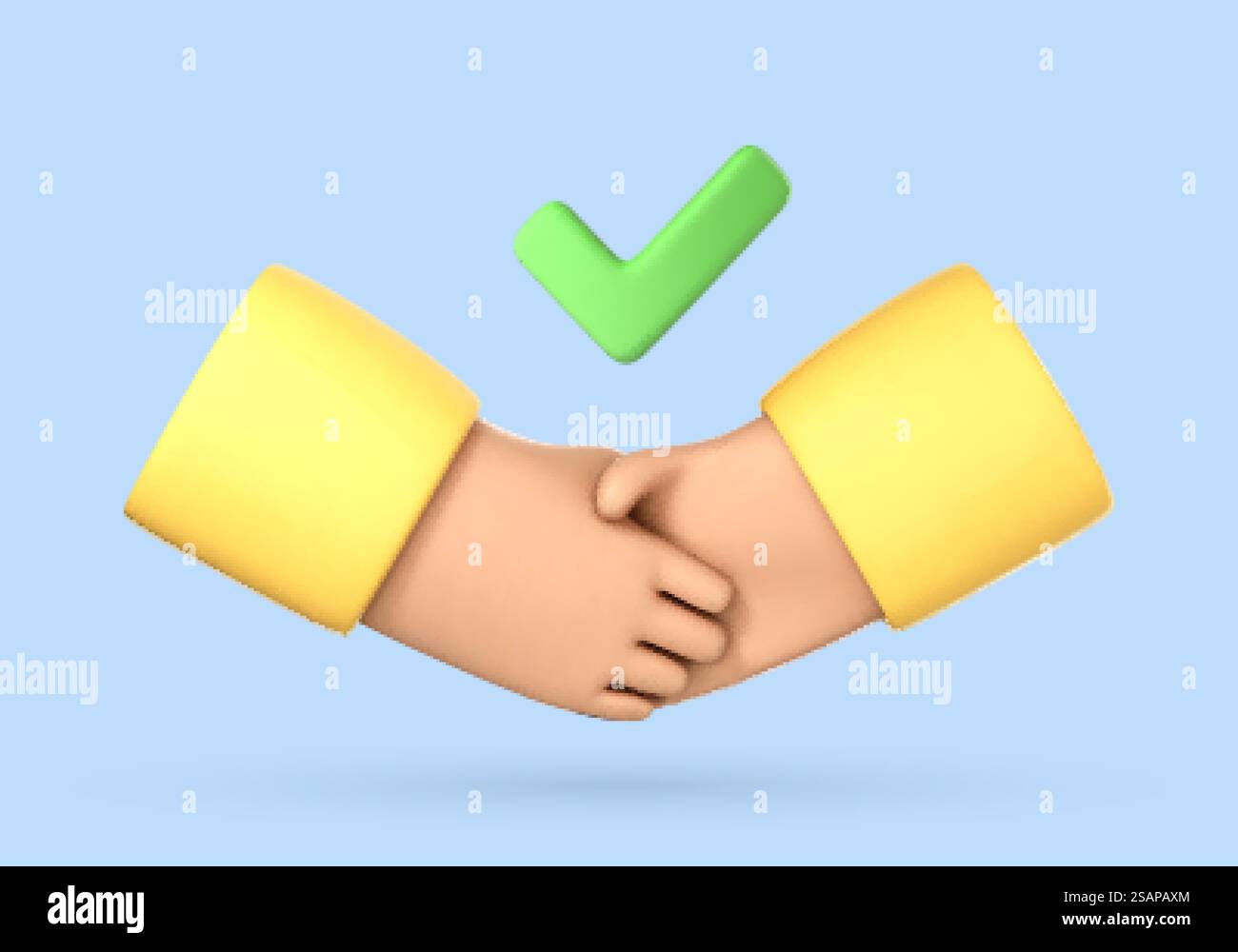 3D cartoon handshake with check mark. Concept of partnership, business deal, agreement ...