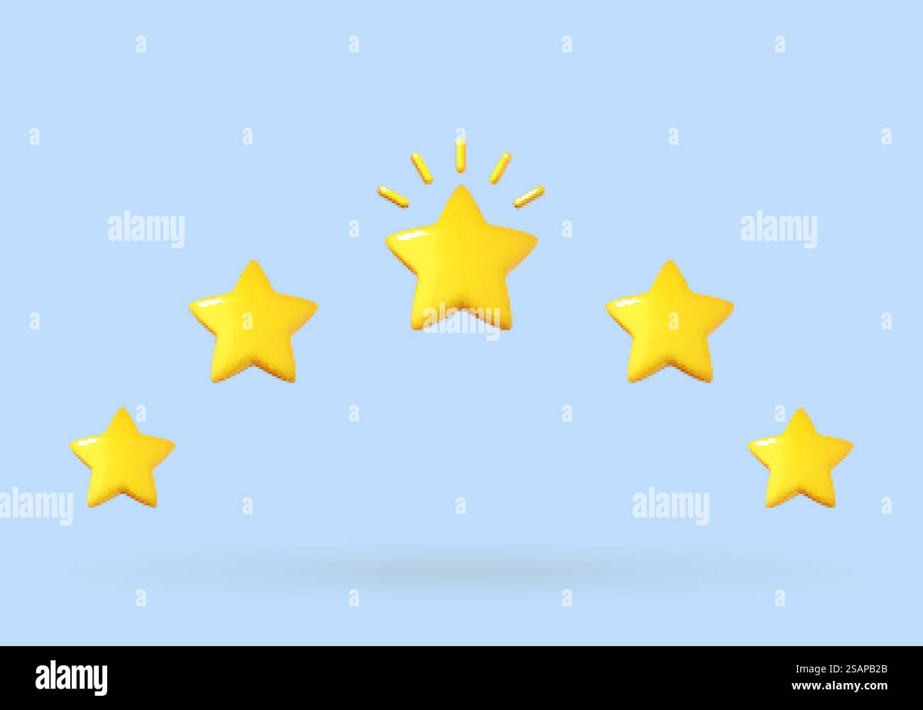 Five yellow stars isolated on blue background. Customer review and rating concept. Vector 3d ...