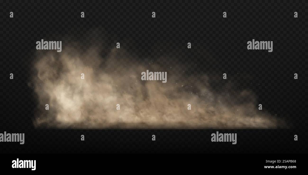 Dust sand cloud with stones and flying dusty particles isolated on transparent background. Dusty ...