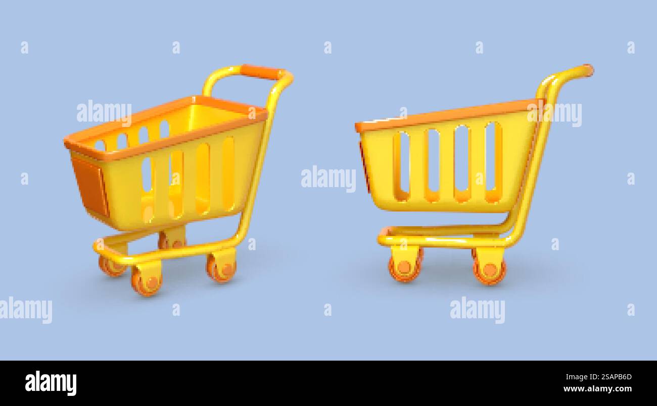 3D cartoon shopping carts isolated on blue background. Vector 3d ...