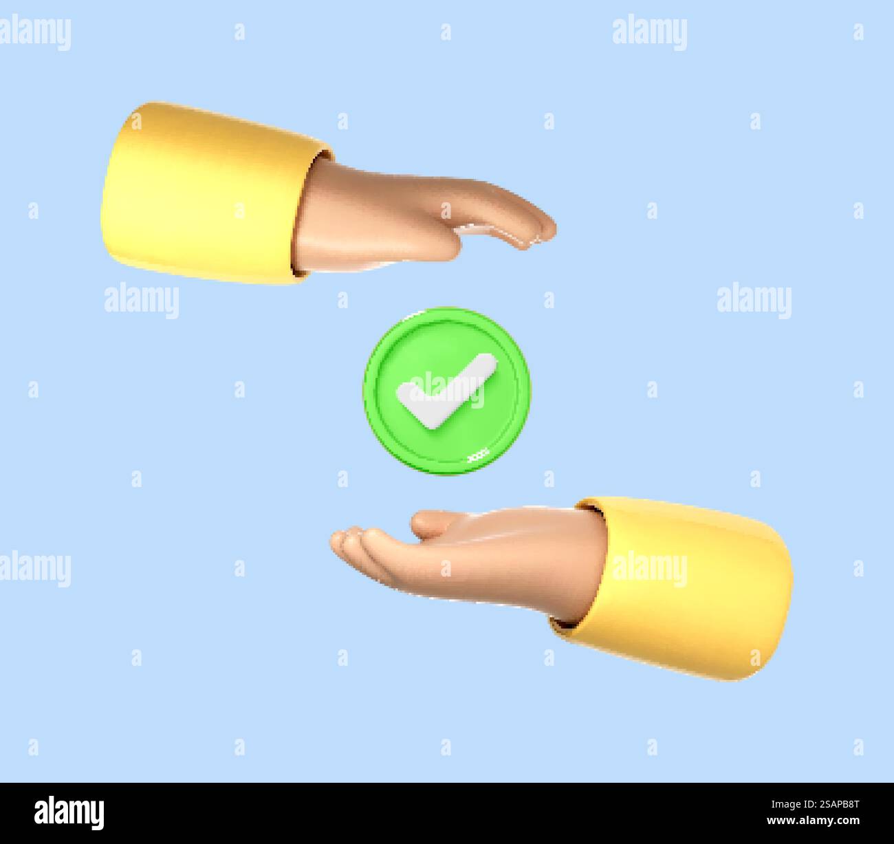 Check mark icon hanging over hands. Hands hold a done sign. Success ...