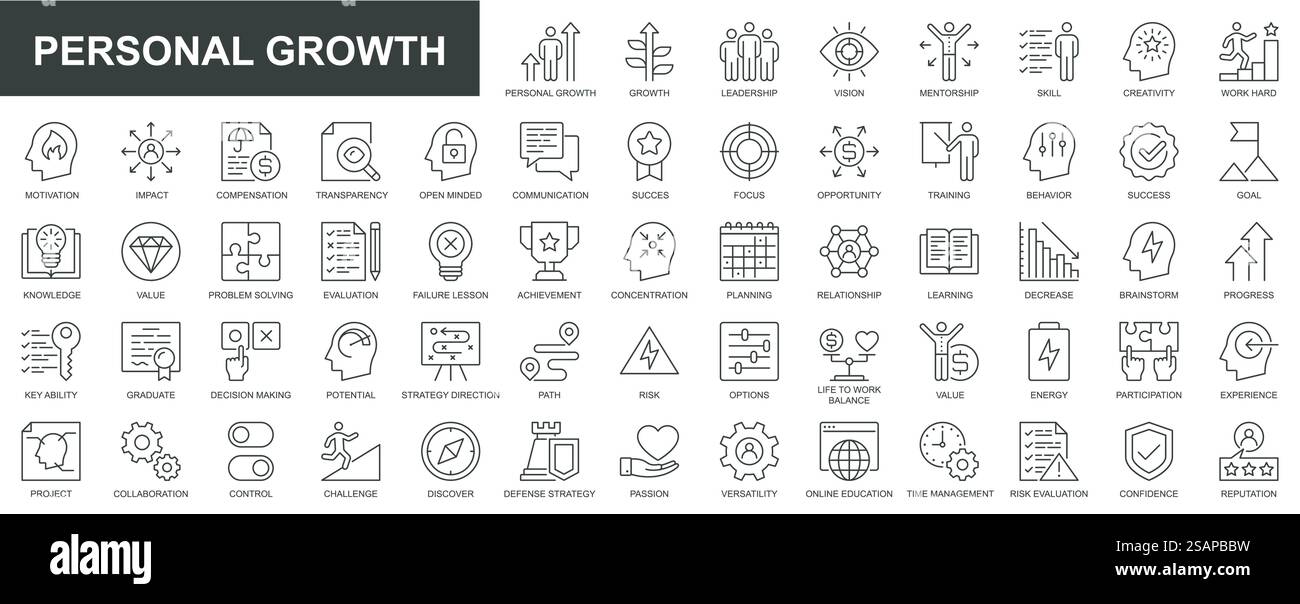 Personal growth web icons set in thin line design. Pack of leadership ...