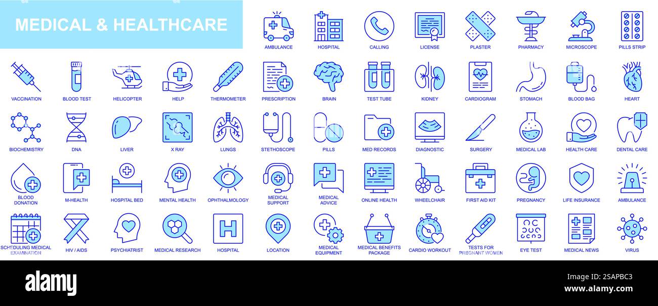 Medical and healthcare web icons set in blue line design. Pack of ...