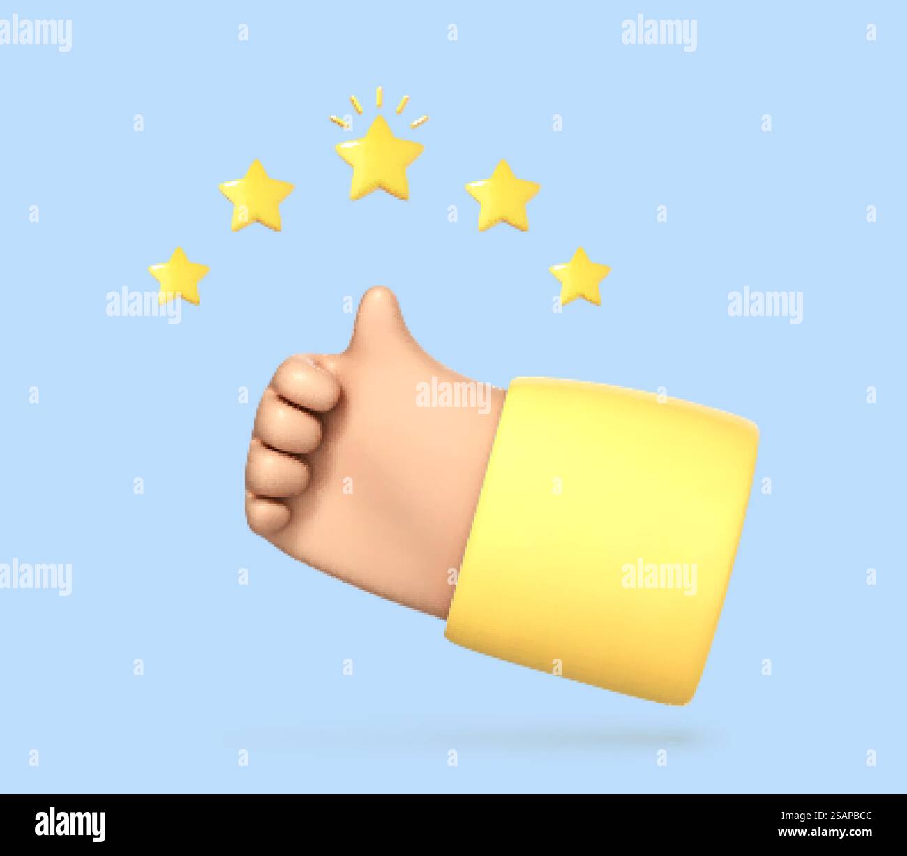 3D cartoon thumb up with a five star rating. Customer evaluation ...