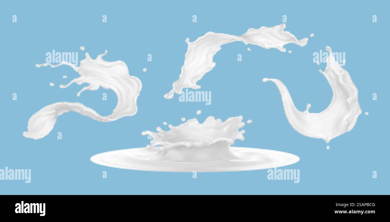 Set of realistic milk splashes of various shape with drops isolated on ...
