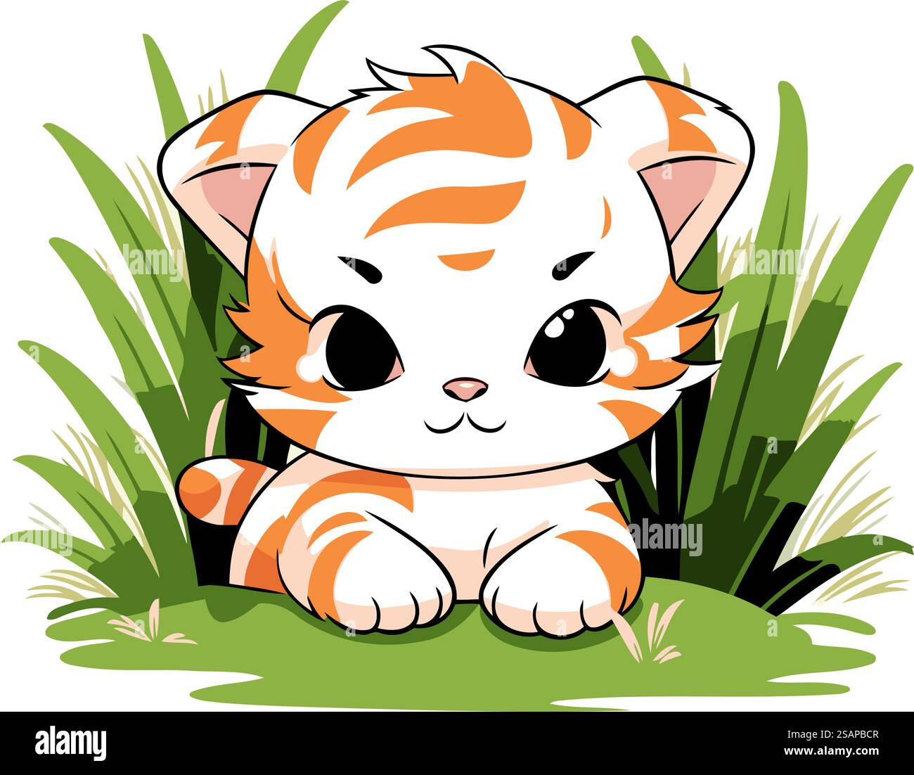 Cute little tiger sitting on grass. Vector illustration in cartoon ...