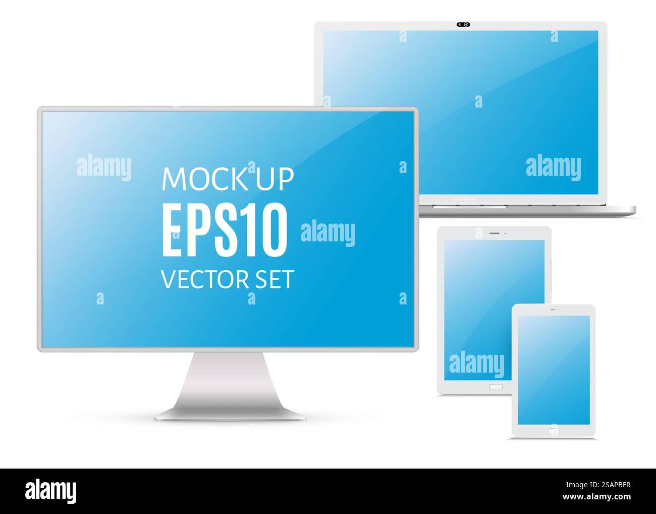 Electronic gadgets, isolated, on white background. Computer monitor, laptop, tablet and mobile ...