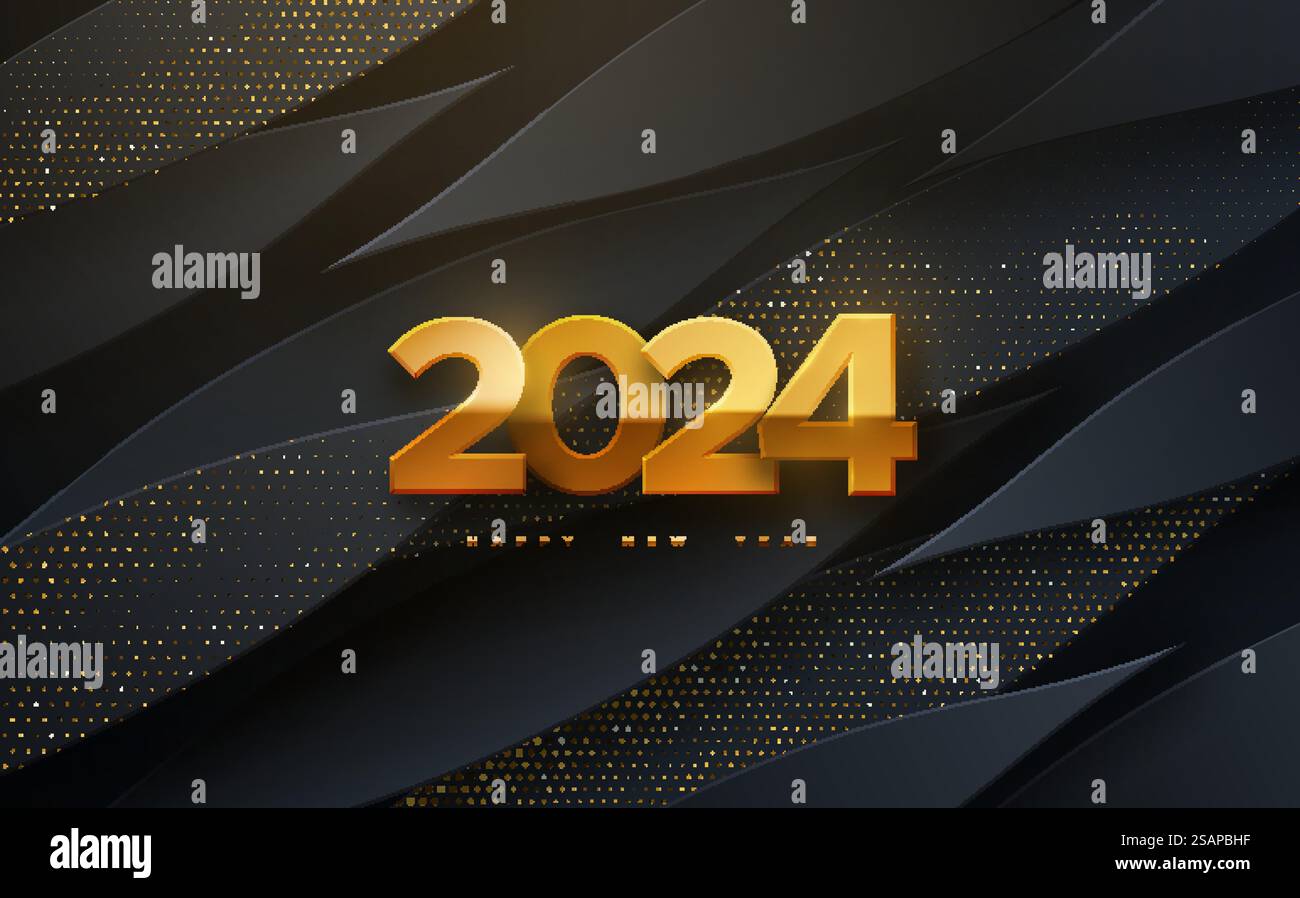 Happy New 2024 Year. Vector holiday illustration. Golden 2024 numbers on black background ...