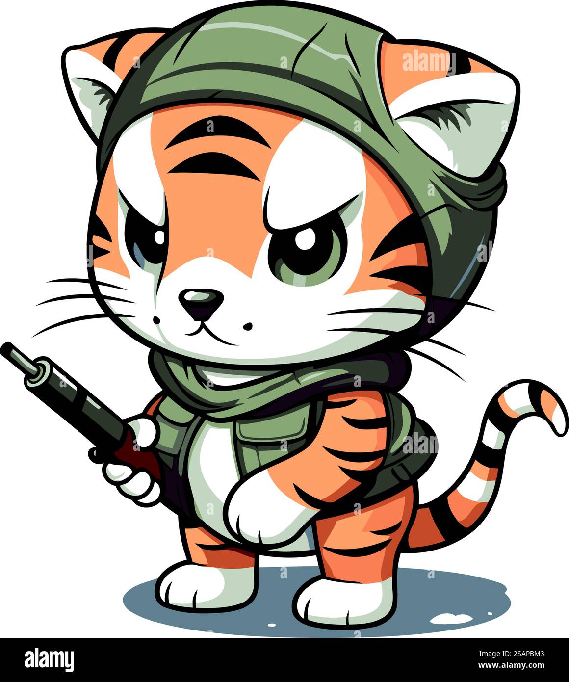 Cartoon tiger in a military uniform with a gun. Vector illustration ...