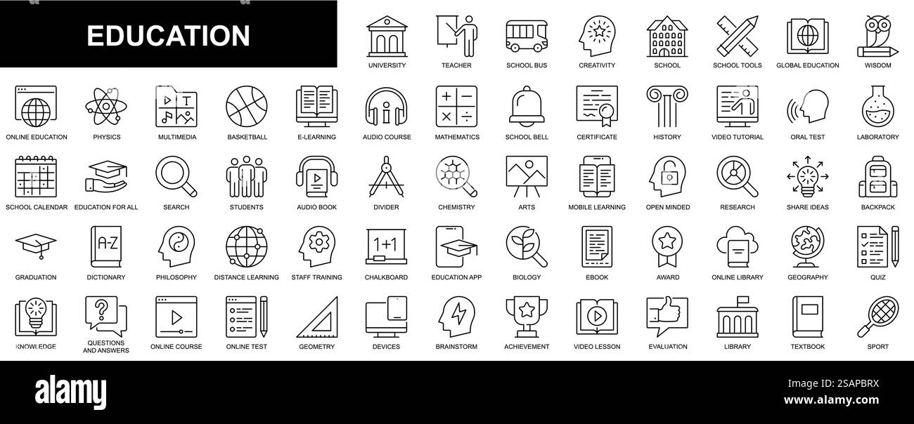 Education web icons set in thin line design. Pack of teacher, school ...