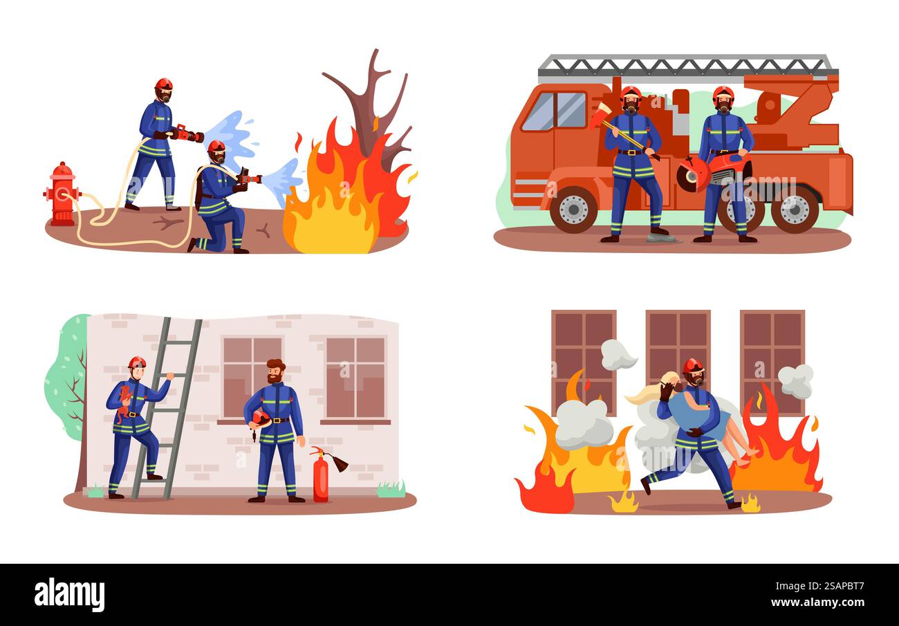 Firefighters. Emergency rescue service workers in uniforms. Brave ...