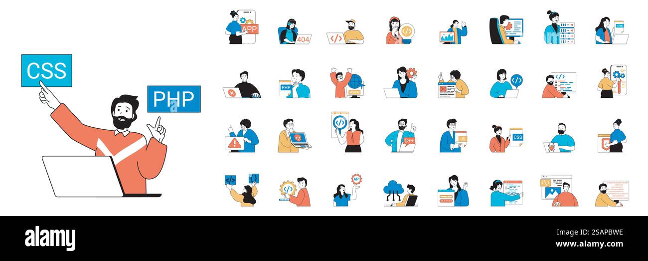 Programming concept with people situations mega set in flat web design. Bundle scenes of ...