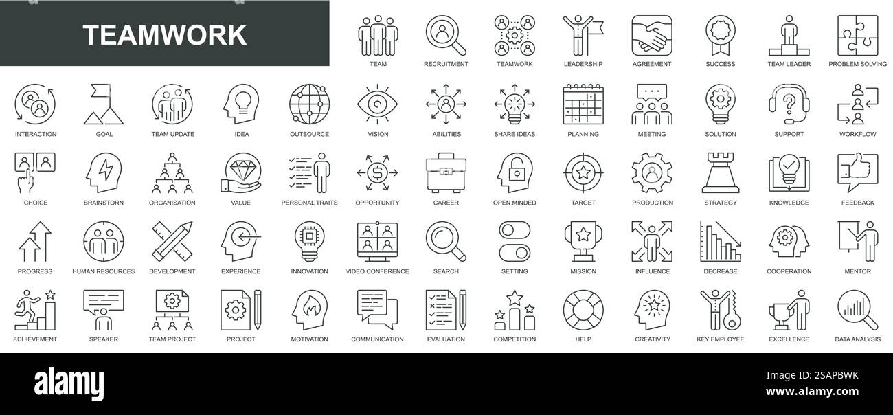 Teamwork web icons set in thin line design. Pack of team, recruitment ...