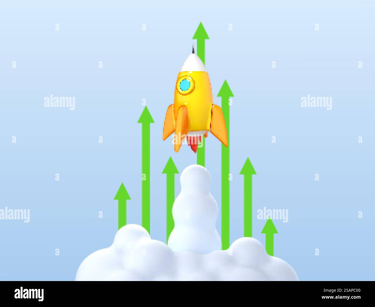 Rocket rising with arrows going up isolated on blue background ...
