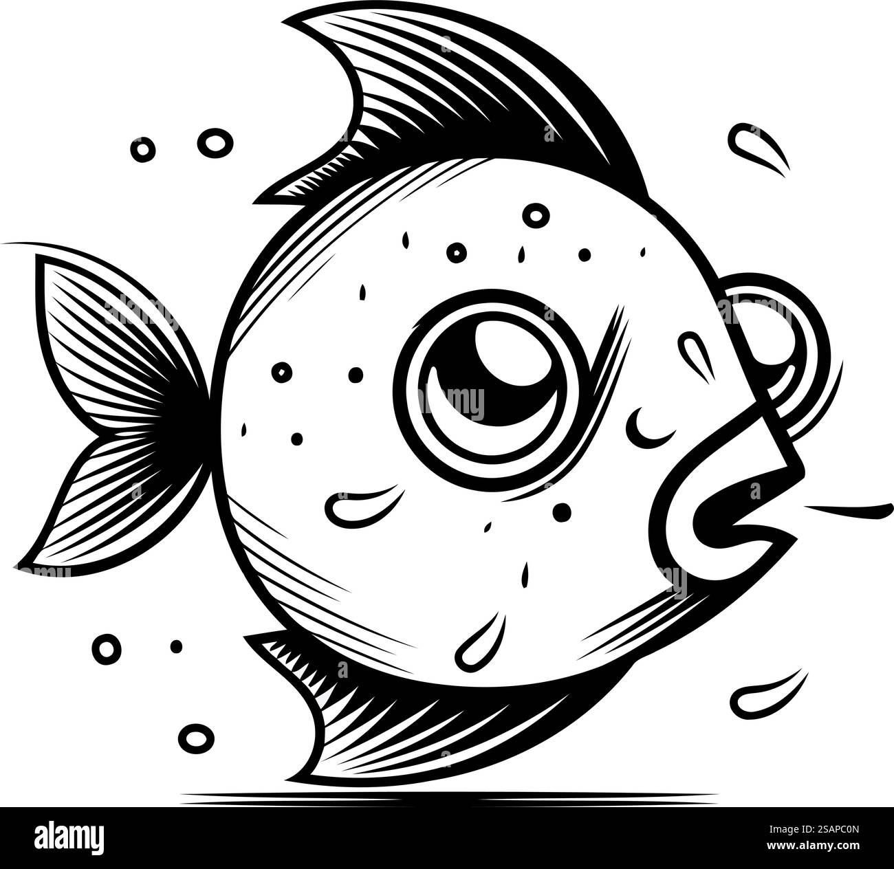 Black and white vector illustration of a cute cartoon fish with big ...
