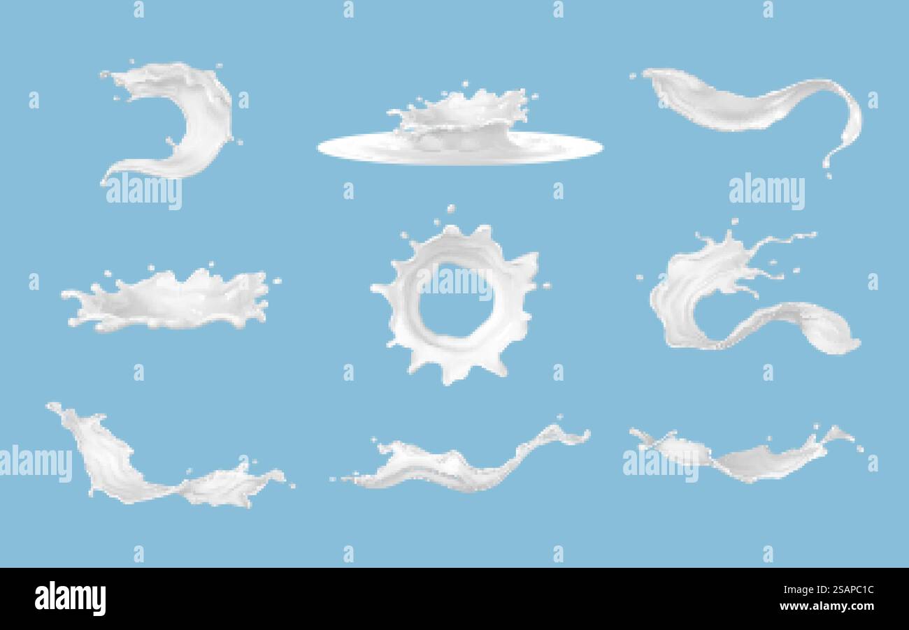 Set of realistic milk splashes of various shape with drops isolated on ...