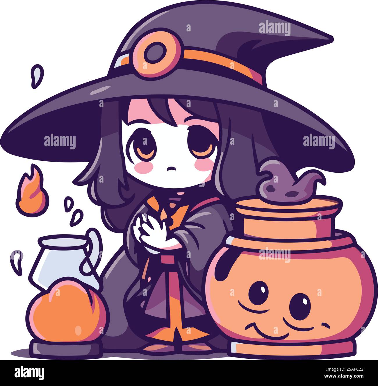 Cute little witch with a pot of potion. Vector illustration Stock ...