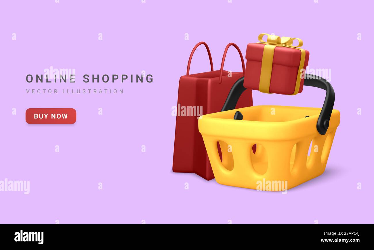 3d realistic shopping basket, shop bag,and gift box in cartoon style on ...