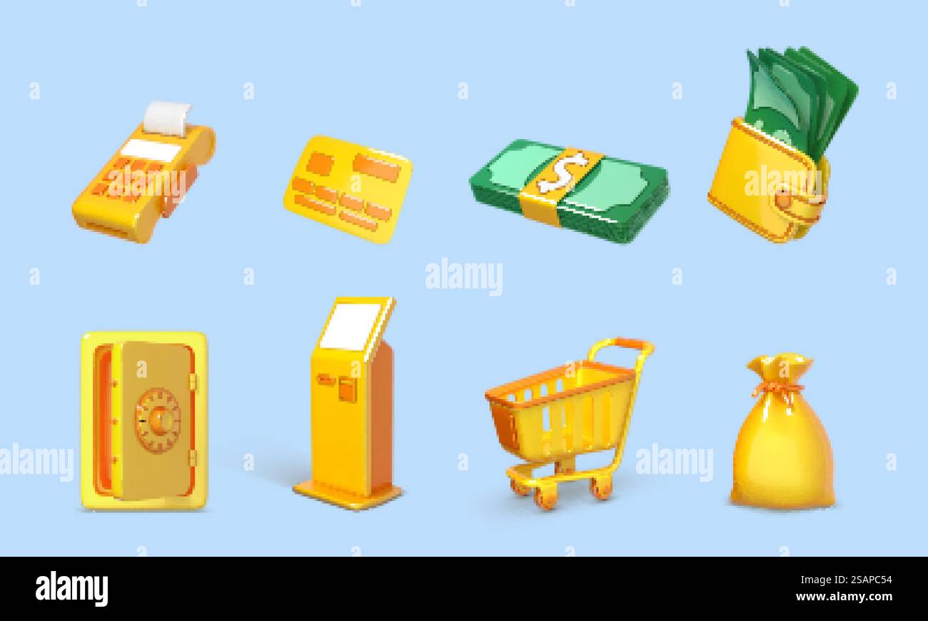Set of 3d cartoon icons of money theme isolated on blue background ...
