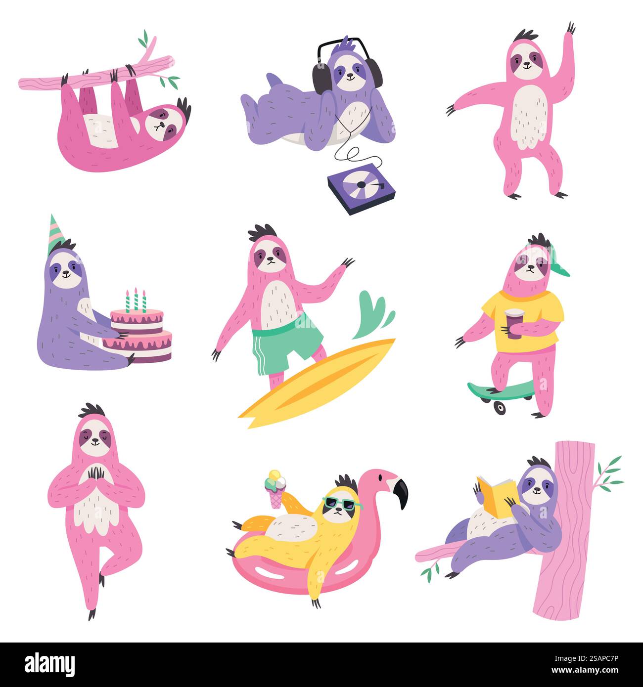 Cute sloths characters. Funny lazy animals do different things ...