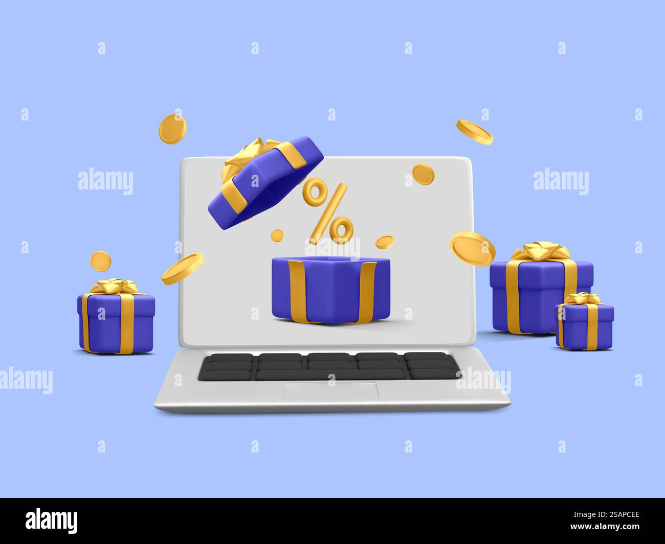 3d realistic laptop with open gift box and falling coins. Online ...