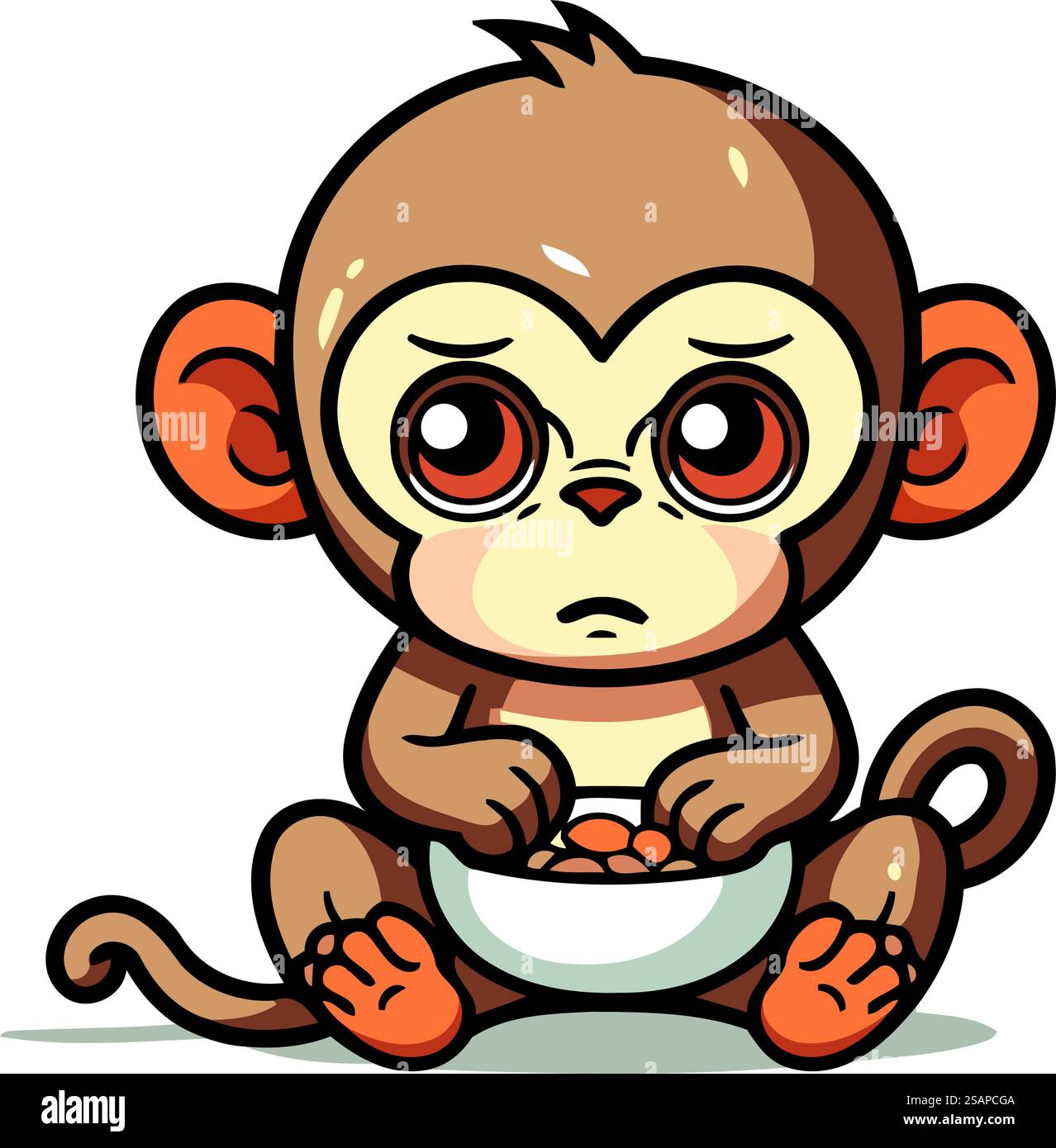 Cute cartoon monkey sitting with bowl of food. Vector illustration ...