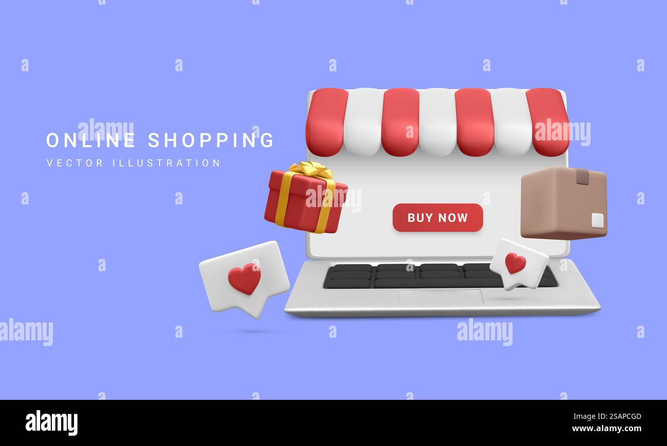 3d realistic laptop, carton box and gift box in cartoon style on white ...