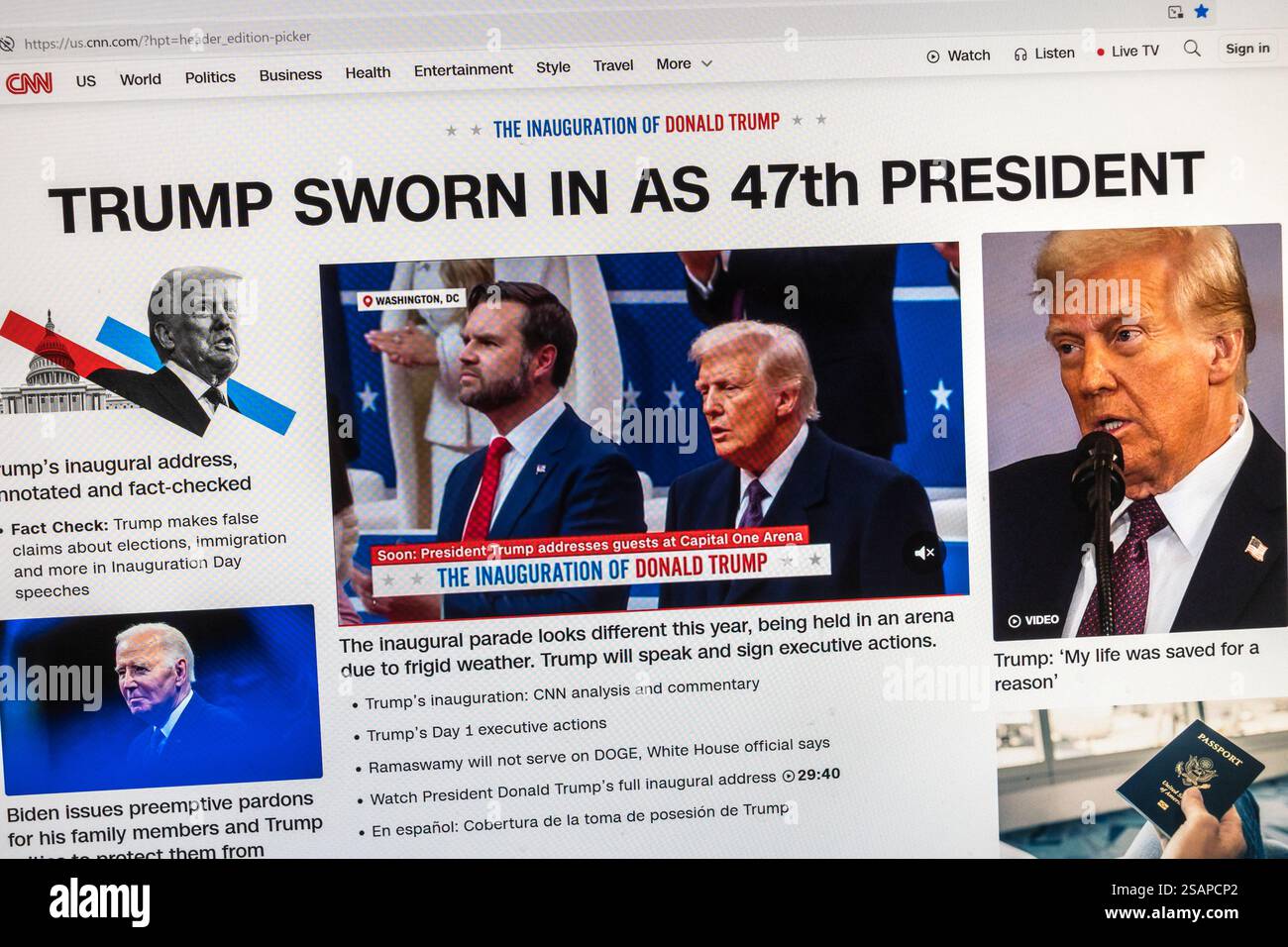 CNN website headline annoucing "Trump sworn in as 47th President" on ...