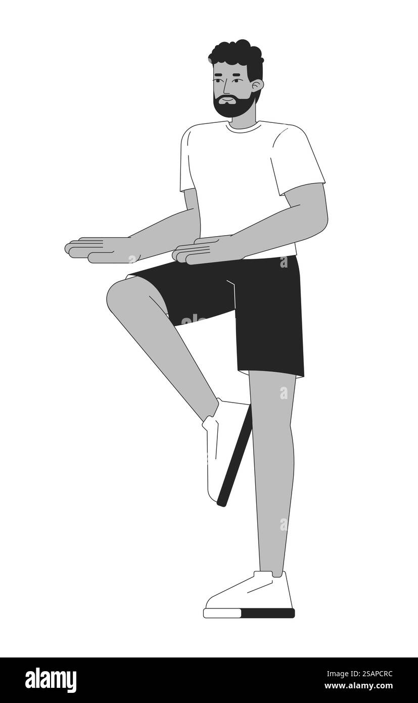 African american man balancing on one leg black and white 2D line ...