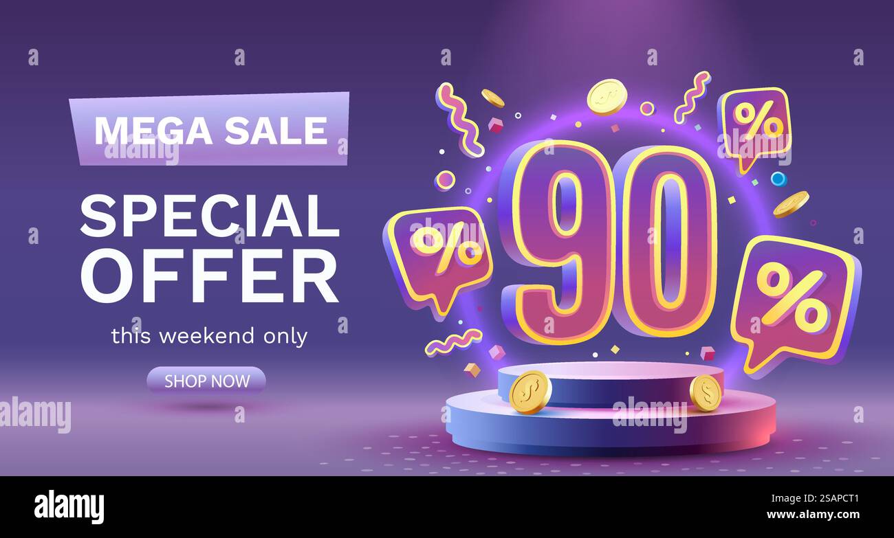 Save offer, 90 off sale banner. Sign board promotion. Vector. Save ...