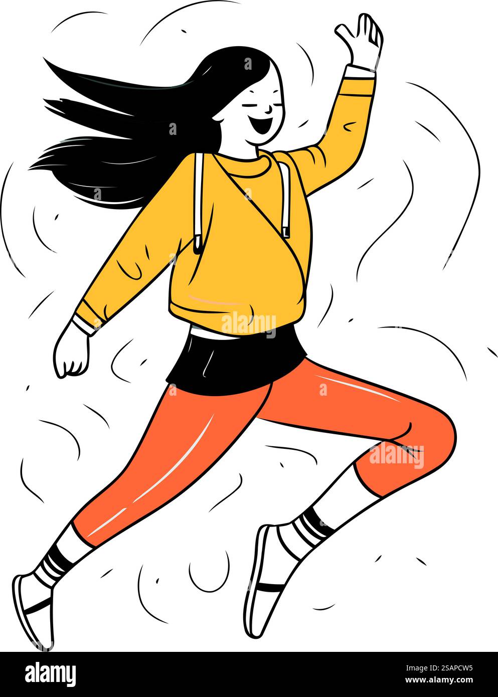 Illustration of a happy girl jumping with her hair flying in the air ...