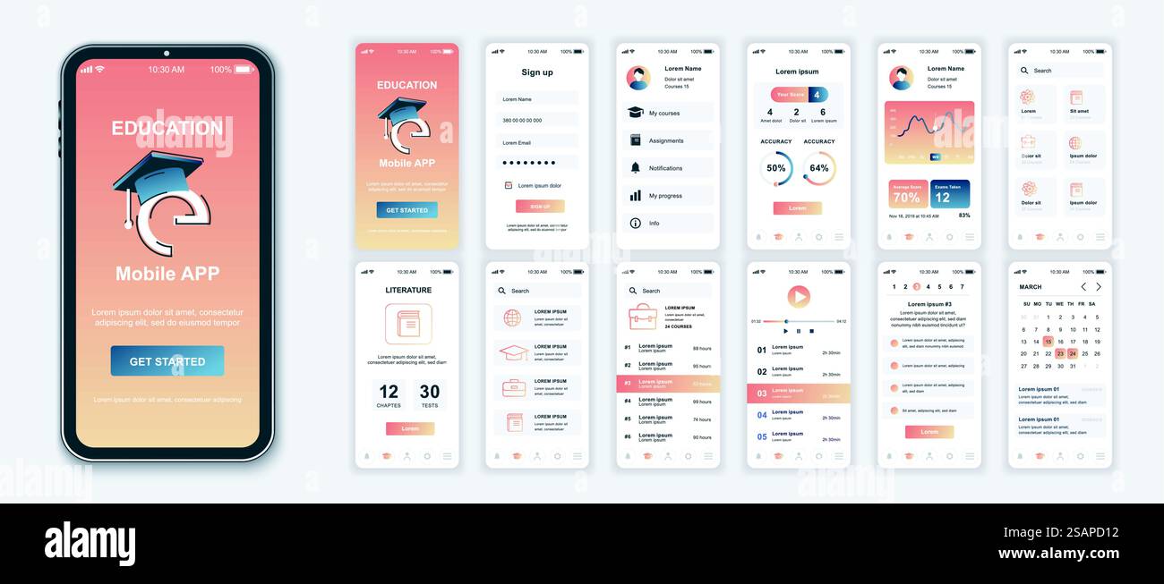 Education Mobile App Interface Screens Template Set Online Account Progress Statistic Lessons