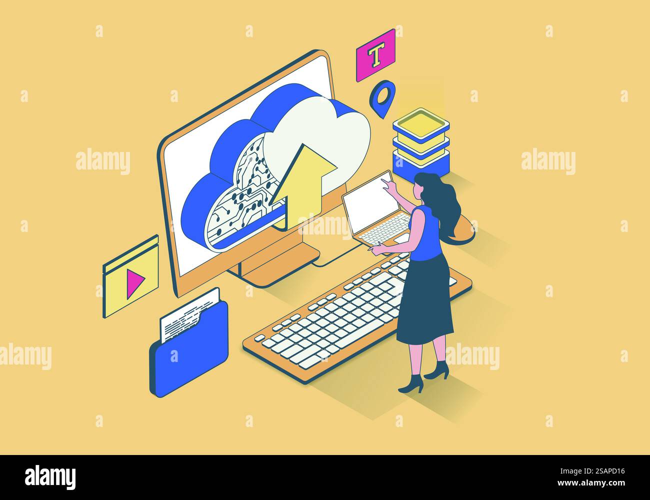 Cloud computing concept in 3d isometric design. Woman works with data processing, sync ...