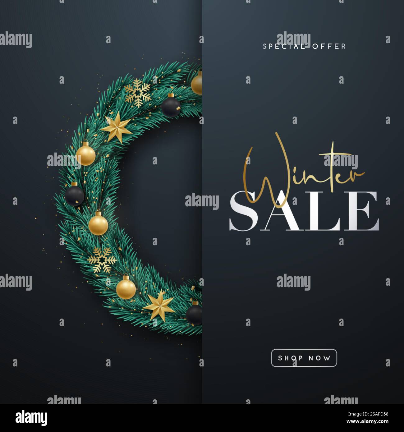 Winter Sale card. With wreath fir tree branches. Template for banner ...