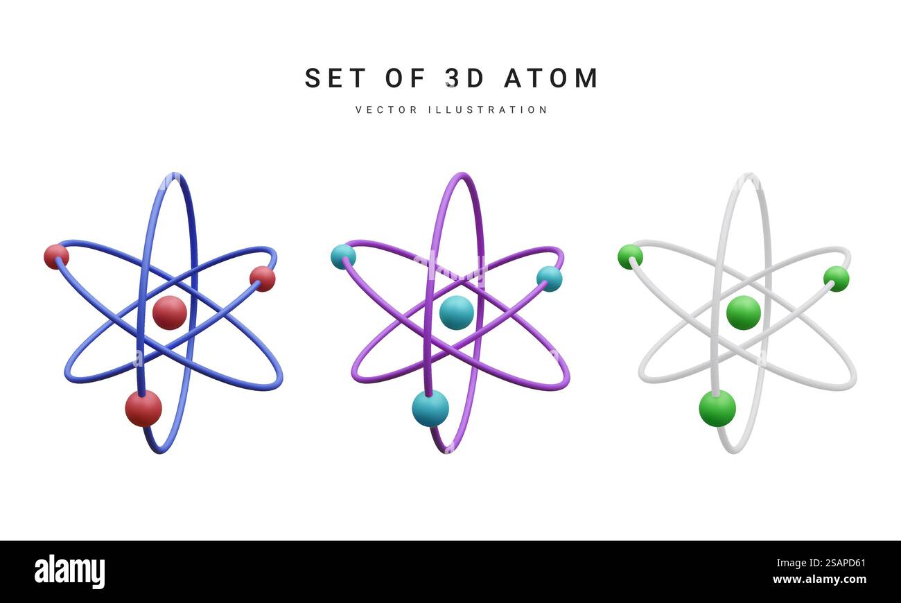 Set of 3d realistic atom with orbital electrons isolated on white ...