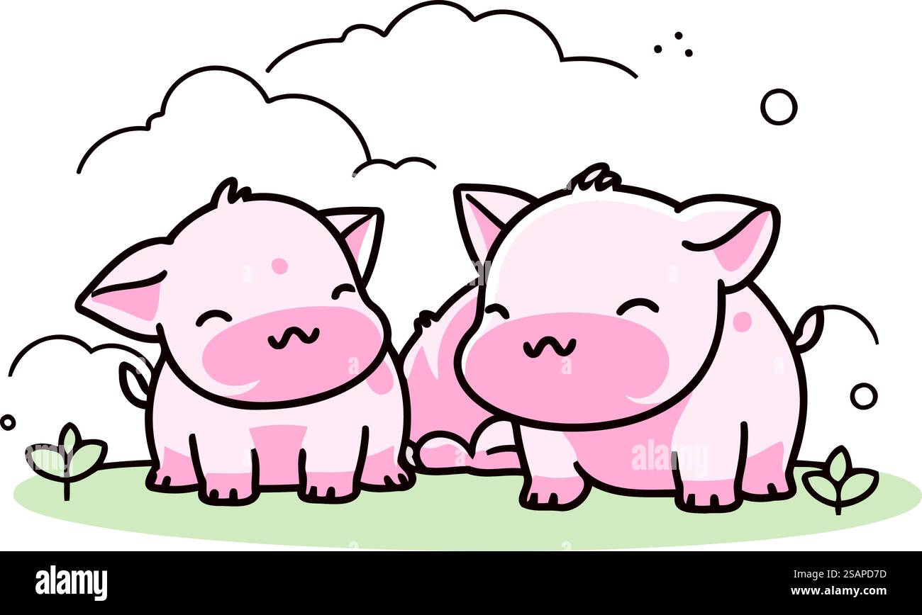 Vector illustration of two cute pigs on the grass. Isolated on white ...