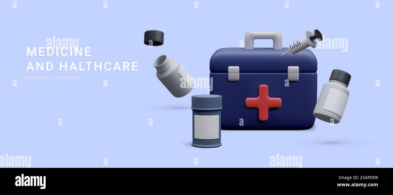 3d realistic first aid kit with pill boxes and syringe isolated on blue ...