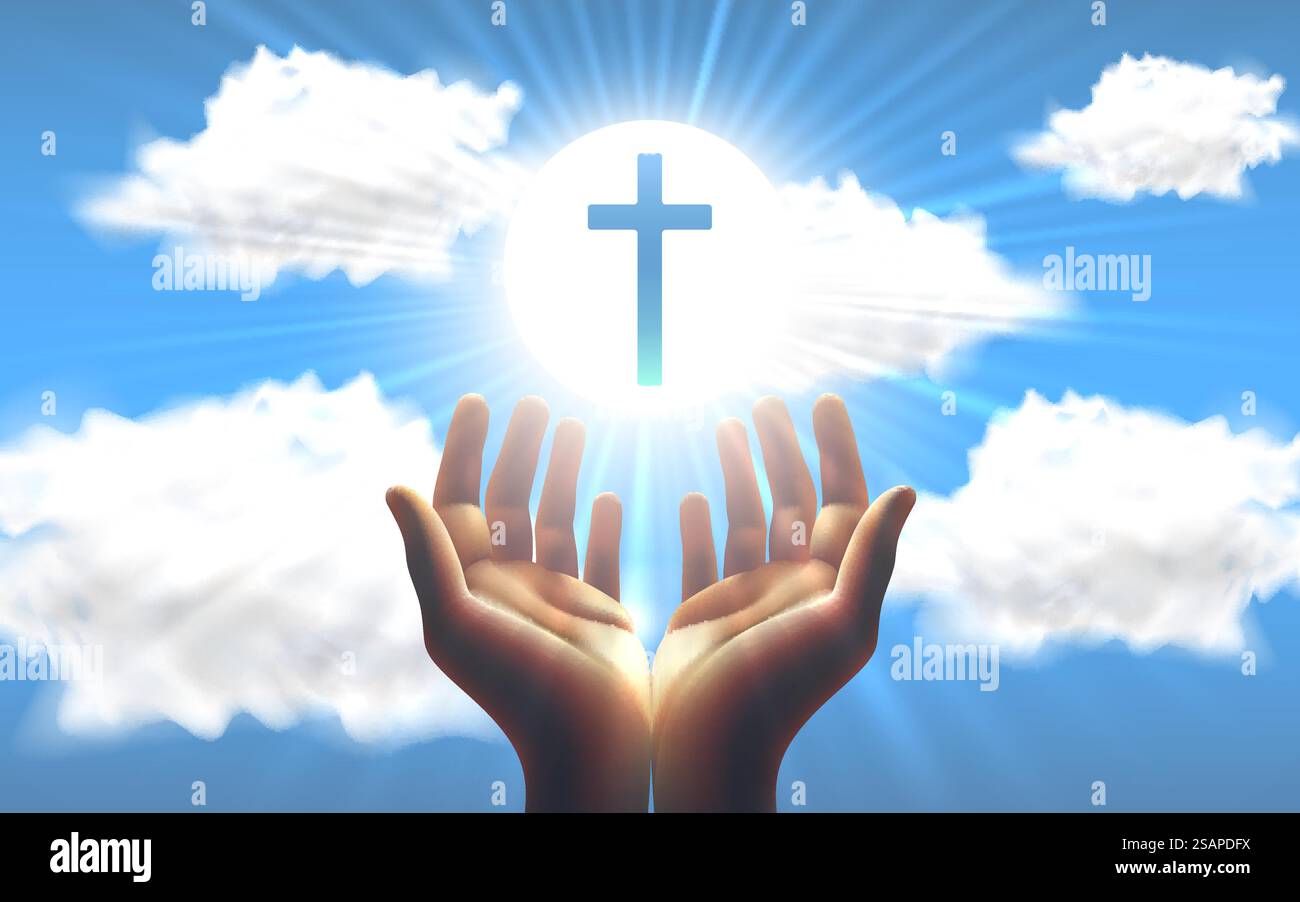 Religious card, hands on sunset background, Christian cross. Vector ...