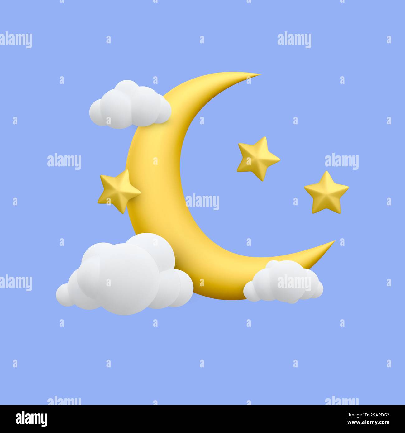 3d realistic yellow crescent moon with stars and clouds. Dream, lullaby ...