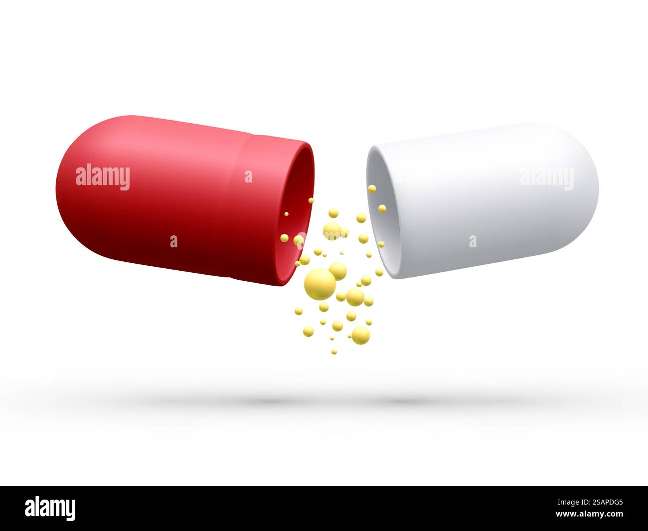 3d realistic opened red-white capsule with yellow balls isolated on ...