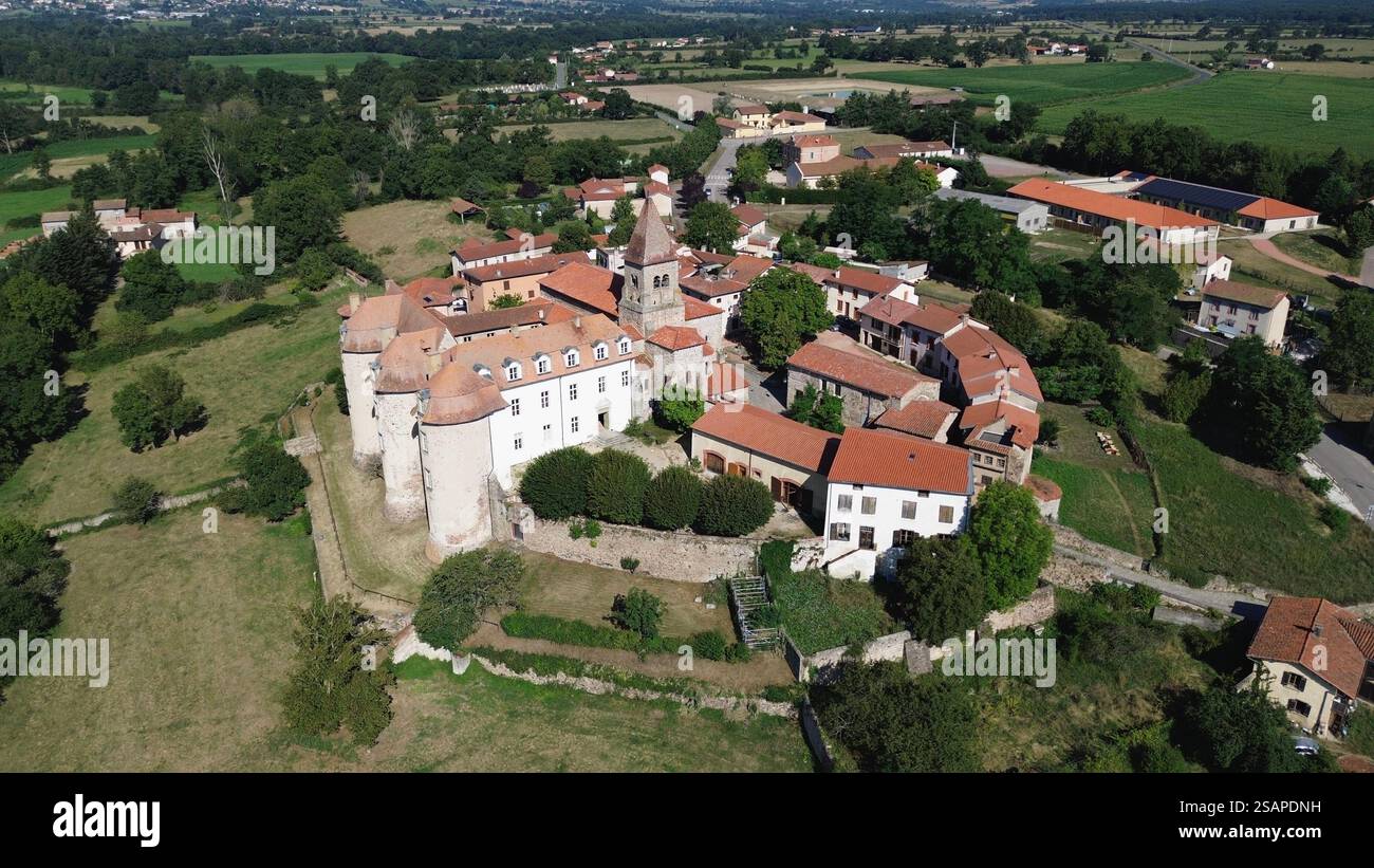 drone photo Pommiers-en-Forez castle france europe Stock Photo - Alamy
