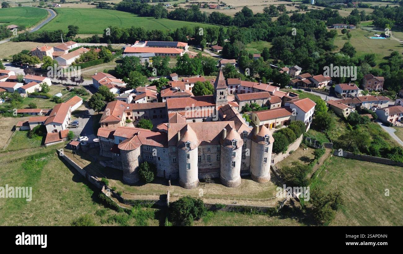 drone photo Pommiers-en-Forez castle france europe Stock Photo - Alamy
