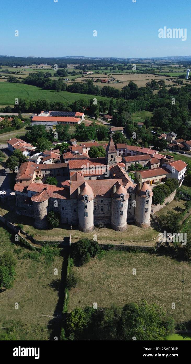 drone photo Pommiers-en-Forez castle france europe Stock Photo - Alamy
