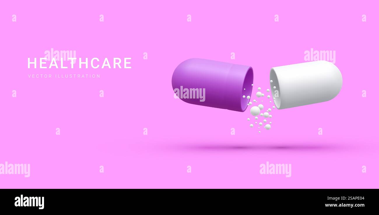 3d realistic opened capsule with balls isolated on violet background ...