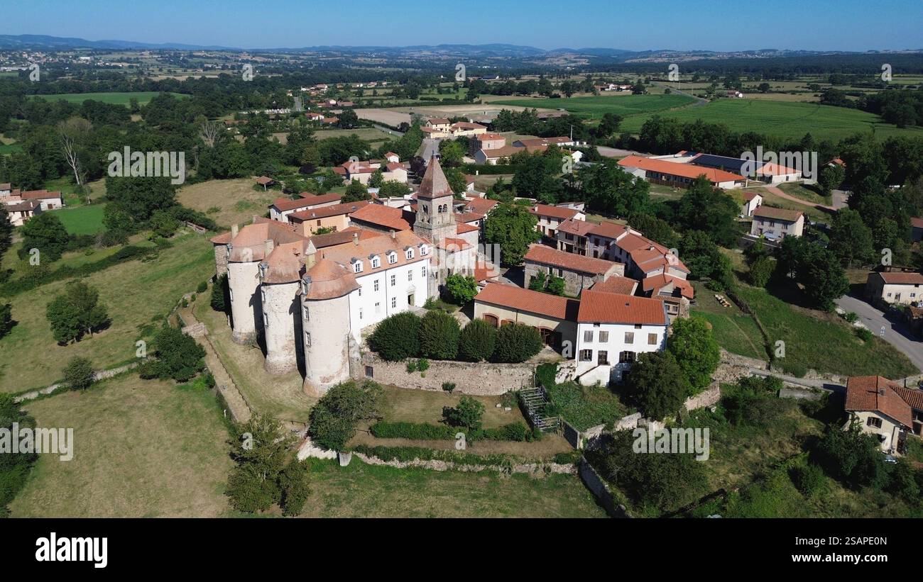 drone photo Pommiers-en-Forez castle france europe Stock Photo - Alamy