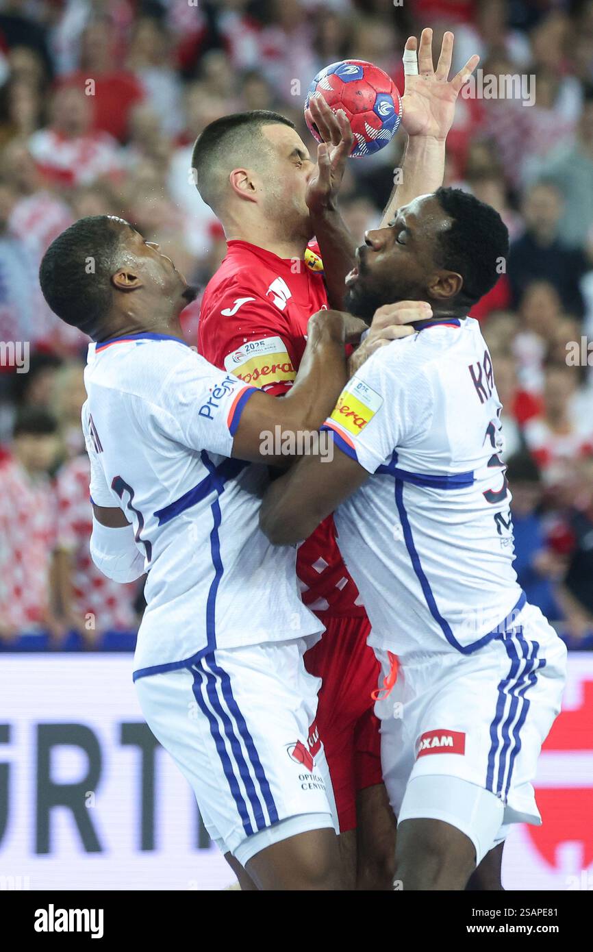 Zagreb, Croatia. 30th Jan, 2025. Mateo Maras of Croatia is challenged by Dylan Nahi and Karl ...