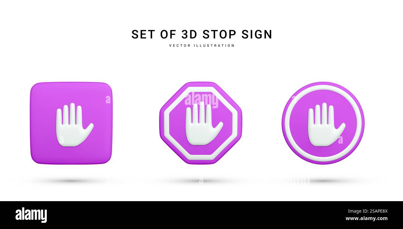 Set of 3d realistic stop sign isolated white background. Hand stop ...